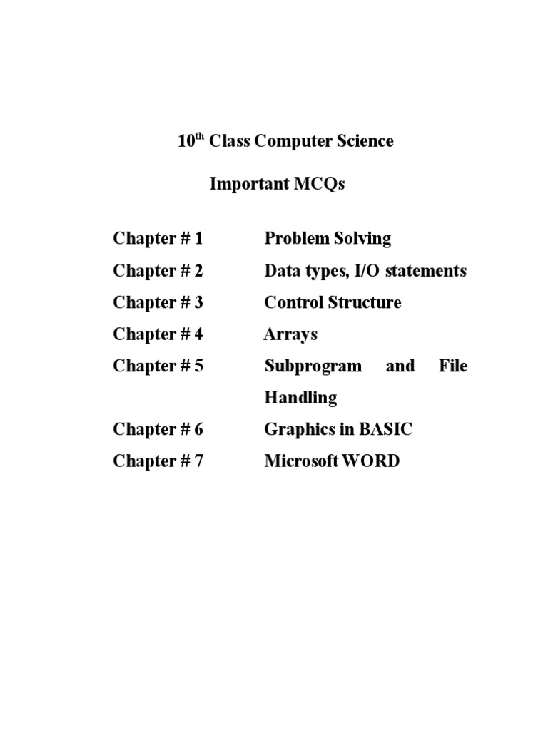 Mcqs For Computer Science 10th Bise Pdf Control Flow Subroutine