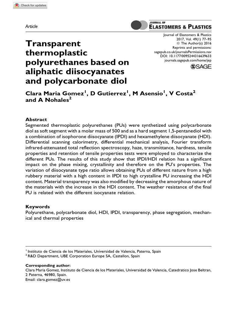 Transparent Thermoplastic Polyurethanes Based On Aliphatic ...