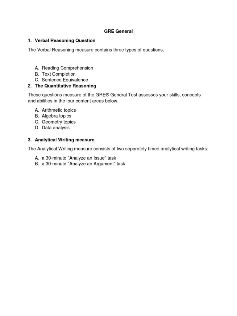 GRE General Test Sections: Verbal, Quantitative, Analytical Writing ...