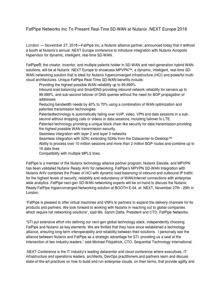 FatPipe Networks Inc To Present Real-Time SD-WAN at Nutanix .NEXT ...