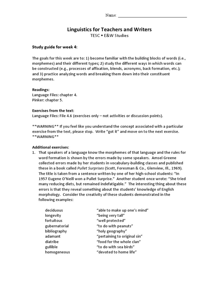 Linguistics For Teachers and Writers: Study Guide For Week 4 | PDF ...