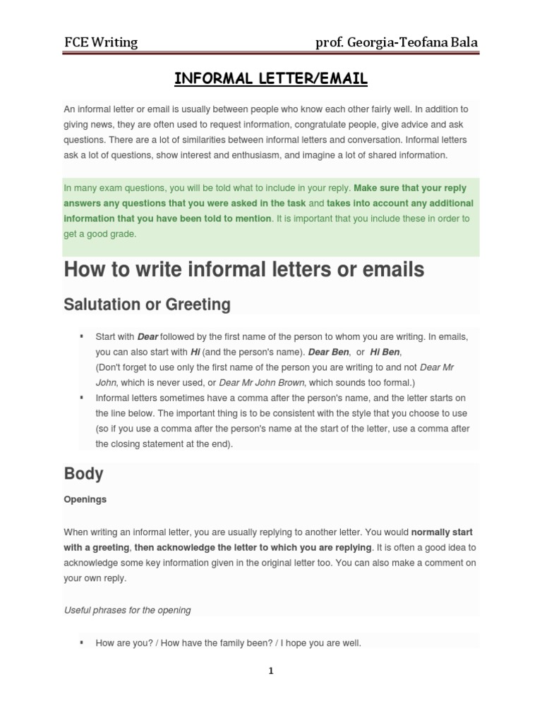 Informal Letter or Email FCE 1 | PDF | Question | Linguistics