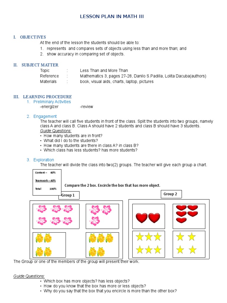 Comparing Numbers: More and Less Lesson Plan | PDF | Lesson Plan | Change