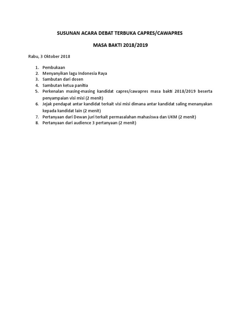 Urutan Acara Debat Capres 2018/2019 | PDF | Sains & Matematika