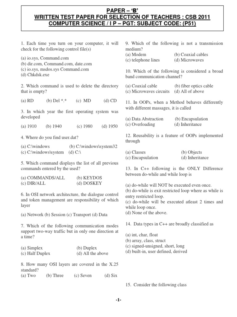 Paper - B' Written Test Paper For Selection of Teachers: CSB 2011 ...