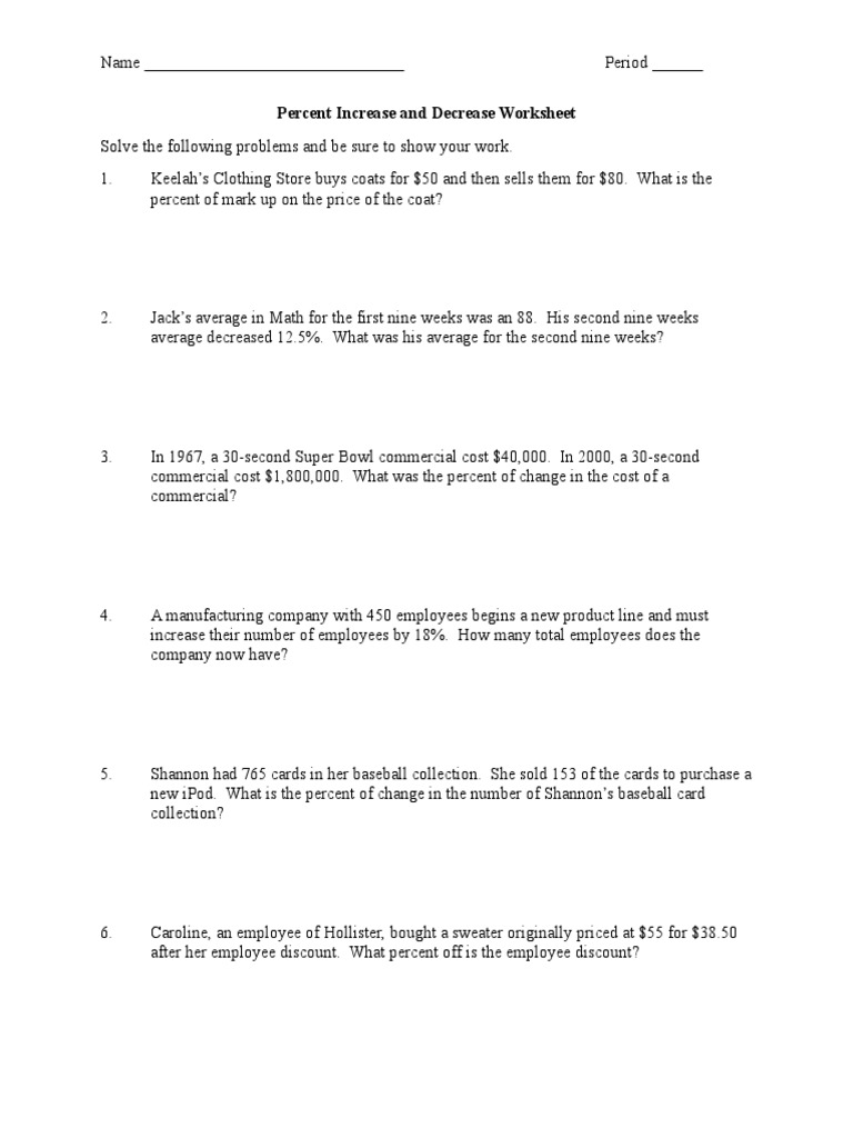Percent Increase or Decrease Worksheet | PDF | Business | Marketing
