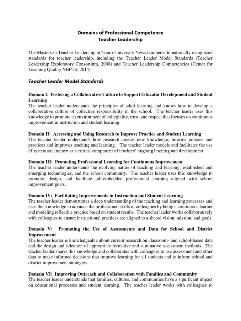 Teacher Leader Model Standards and Domains of Professional Competence ...