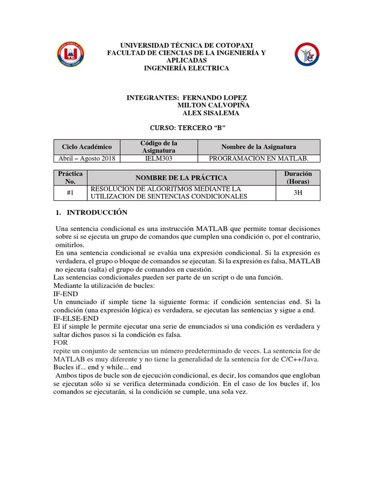 Practica 1 Matlab | PDF | Algorithms | Computer Programming