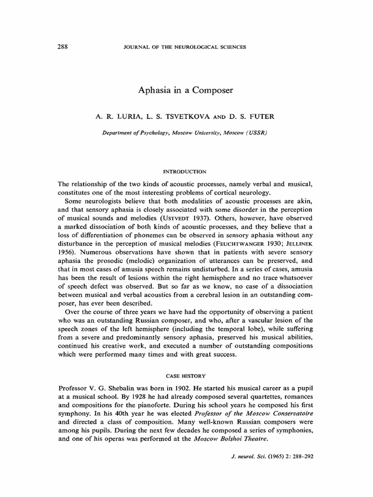 Luria (1965) Aphasia in A Composer | PDF | Speech | Aphasia