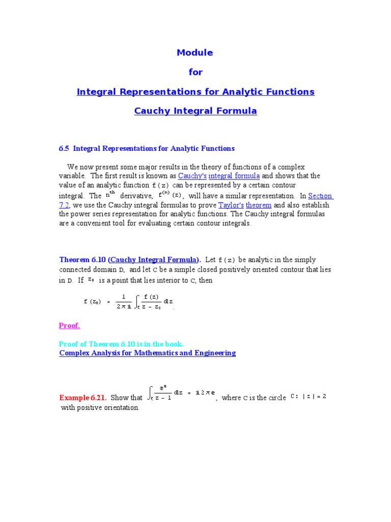 For Integral Representations For Analytic Functions Cauchy Integral Formula | PDF | Complex ...