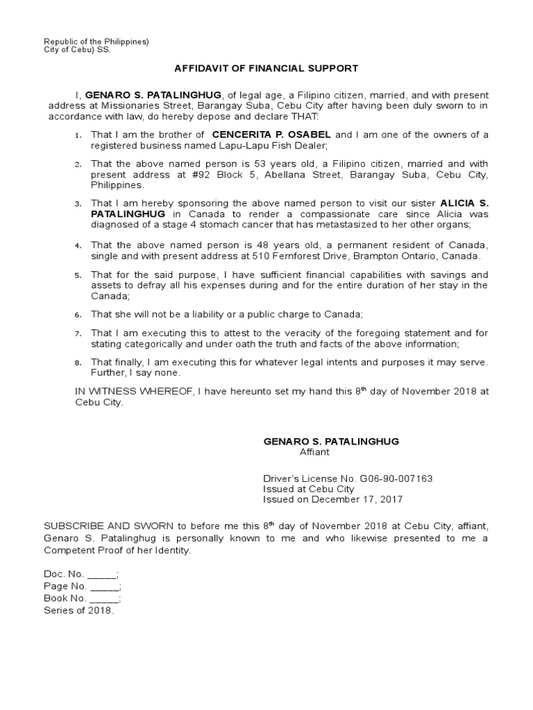 Affidavit of Financial Support (Cencerita) | PDF | Affidavit | Common Law