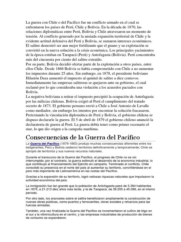 La Guerra Con Chile o Del Pacífico Fue Un Conflicto Armado en El Cual ...