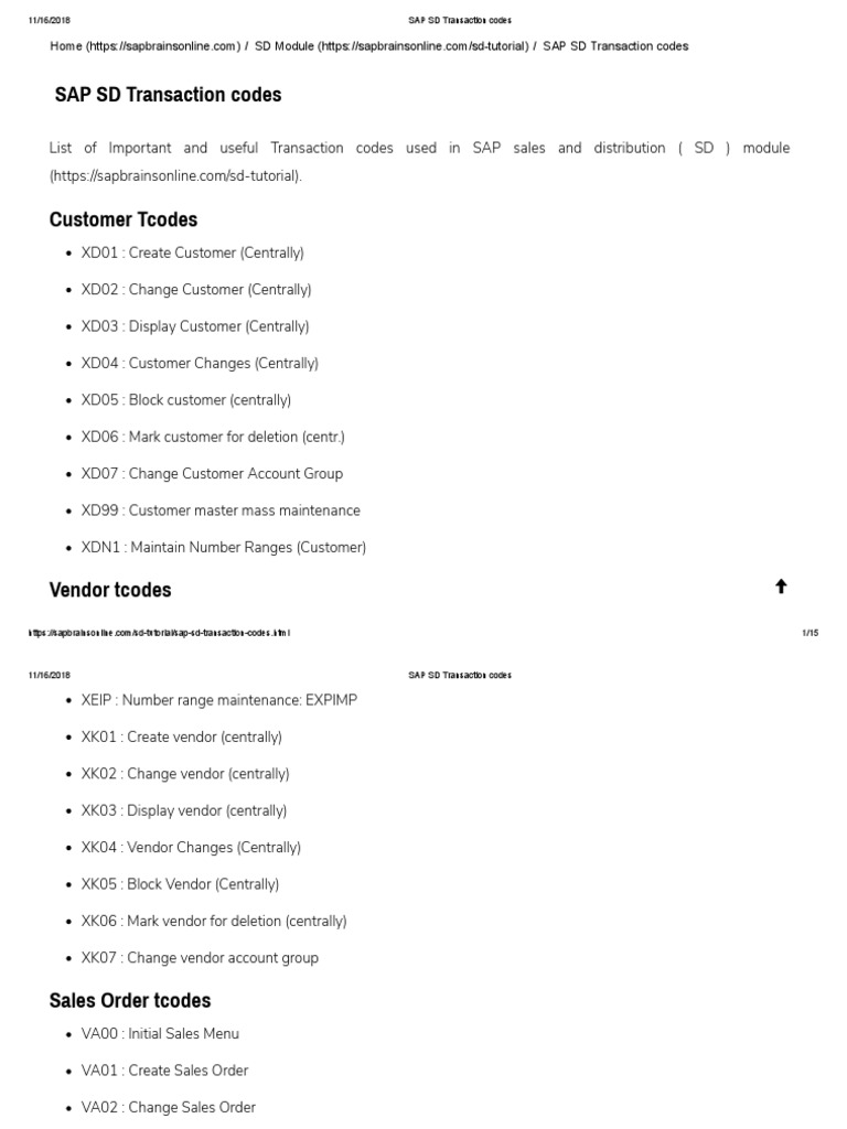 SAP SD Transaction Codes | PDF | Computing | Business
