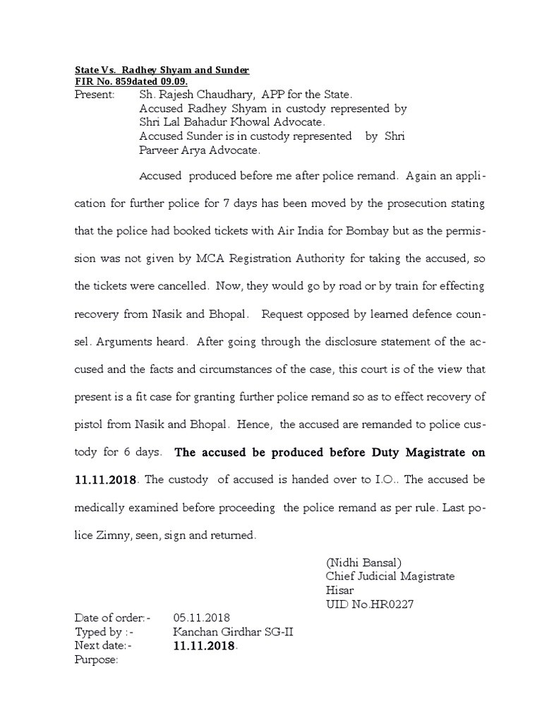 Court Order Granting Further Police Remand in Case Involving Recovery ...