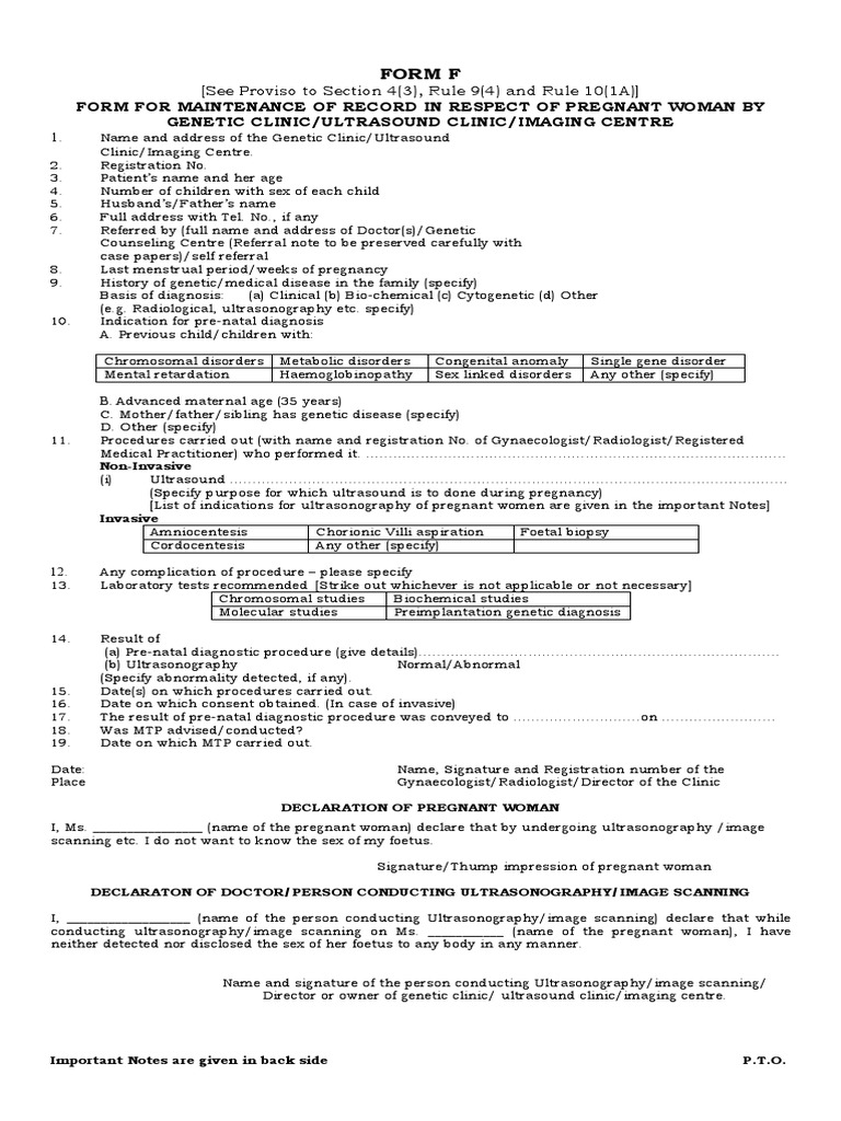 PNDT FORM F | Medical Ultrasound | Fetus