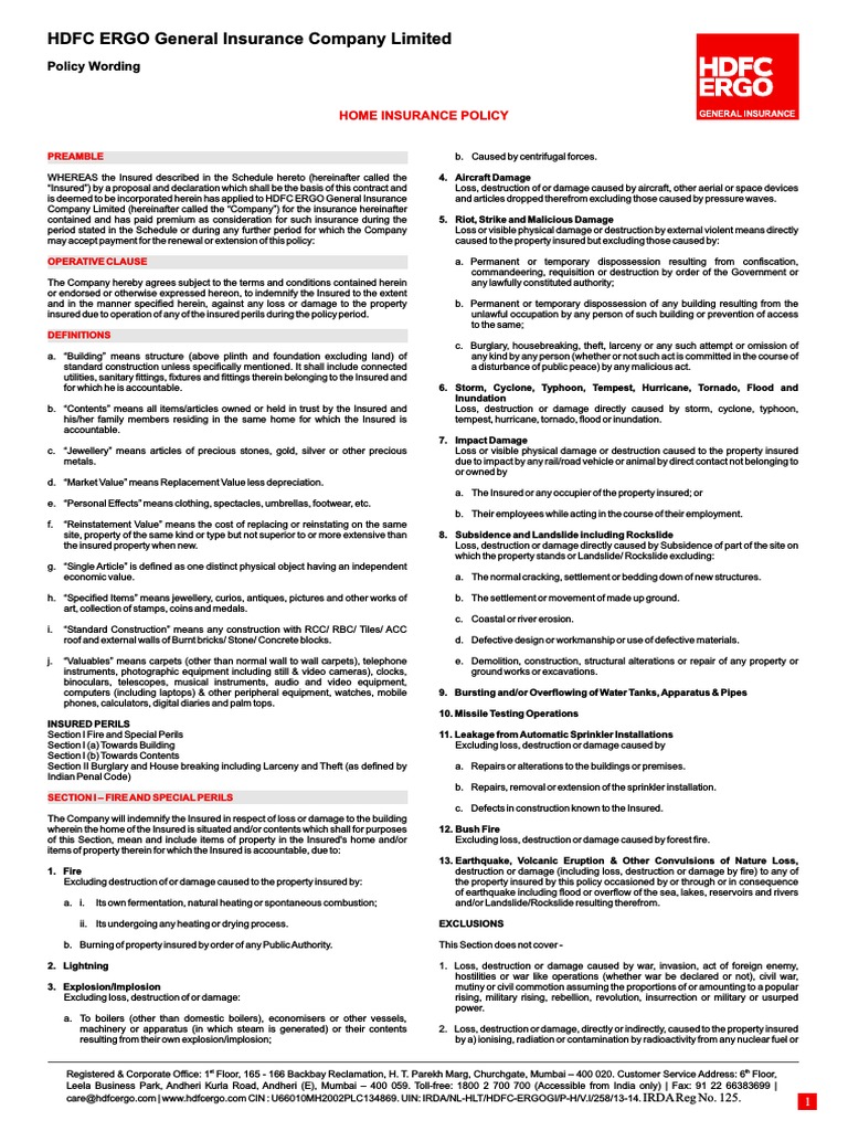 HDFC Policy Wording Longterm | PDF | Indemnity | Insurance