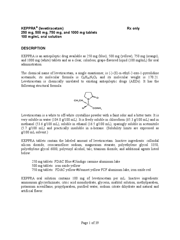 Keppra (Levetiracetam) RX Only 250 MG, 500 MG, 750 MG, and 1000 MG ...