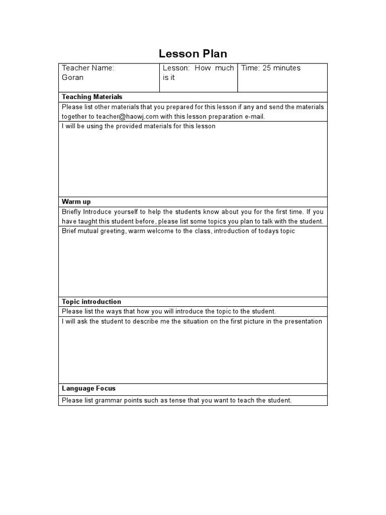 Lesson Plan: Teacher Name: Goran Lesson: How Much Is It Time: 25 ...