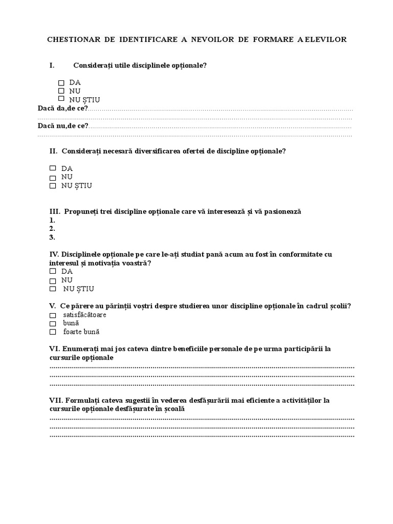 Chestionar Nevoi Formare Elevi | PDF