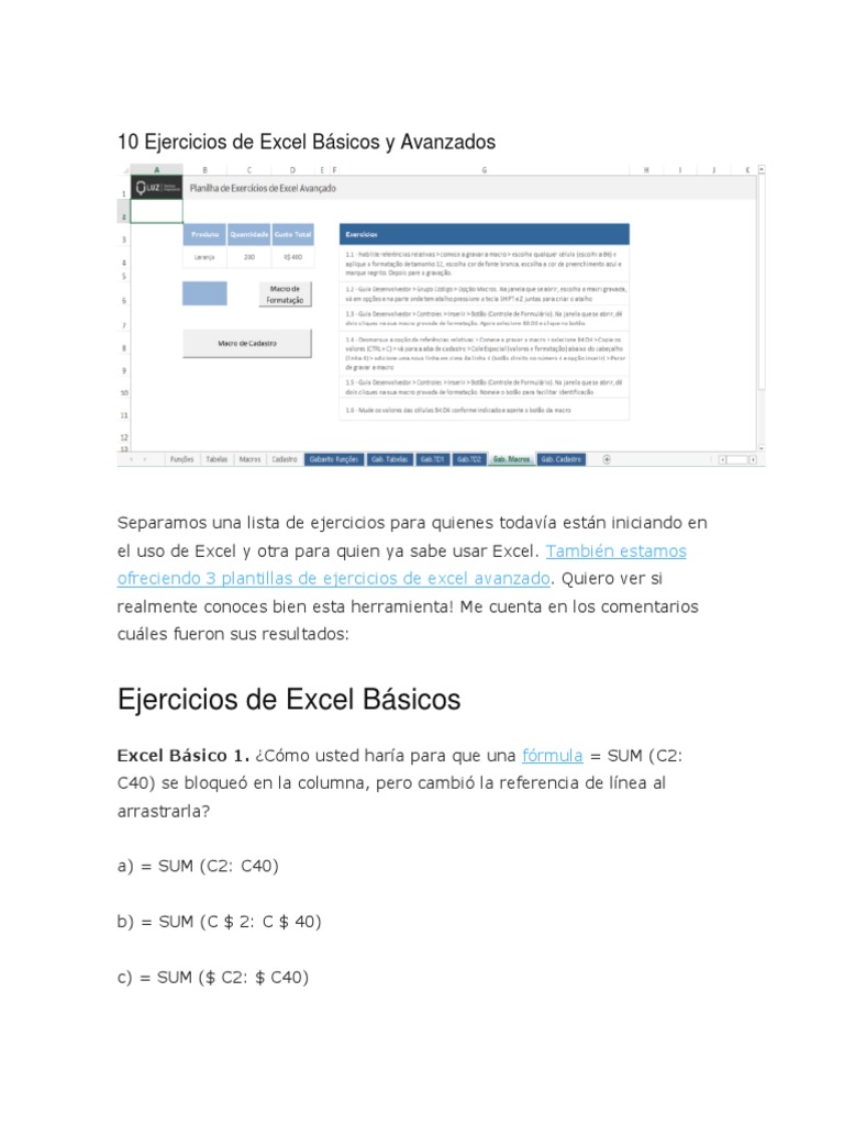 10 Ejercicios de Excel Básicos y Avanzados | Descargar gratis PDF ...