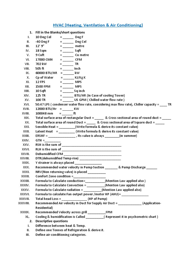HVAC (Heating, Ventilation & Air Conditioning) : 1. Fill in The Blanks ...