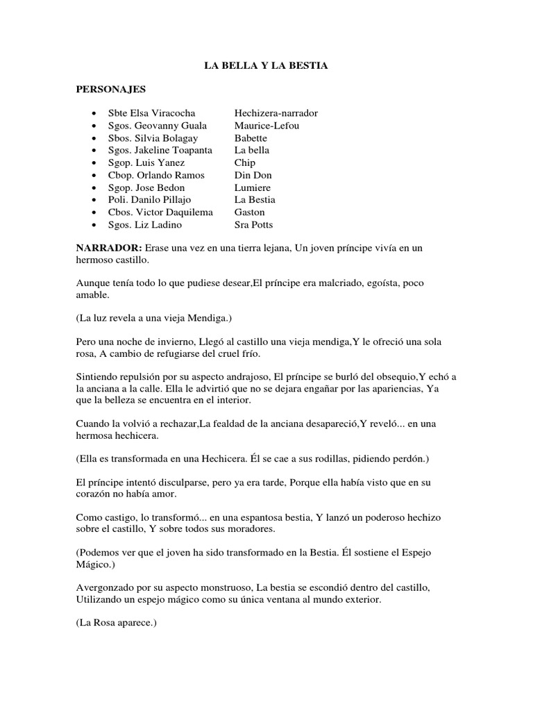 La Bella y la Bestia: Guion Teatral | PDF | Belleza | Ocio