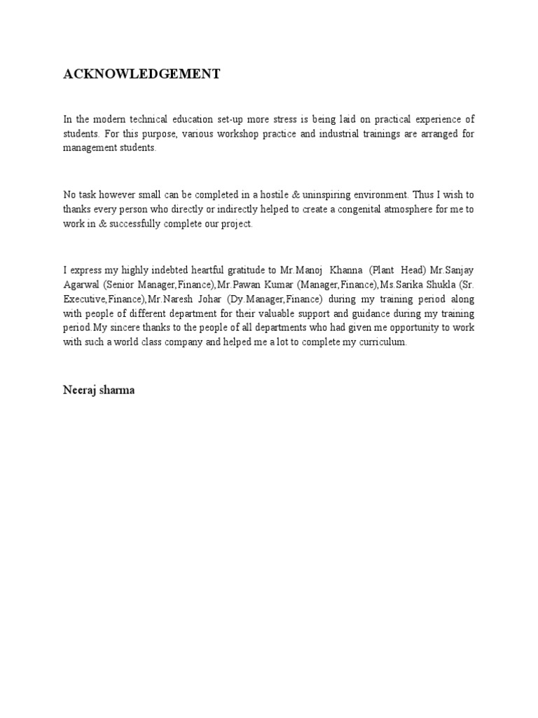Acknowledgement of Training Support | PDF