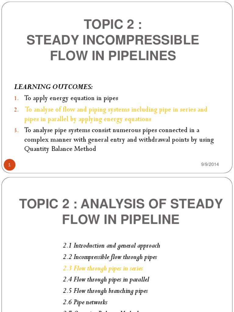 Topic 2: Steady Incompressible Flow in Pipelines: Learning Outcomes ...