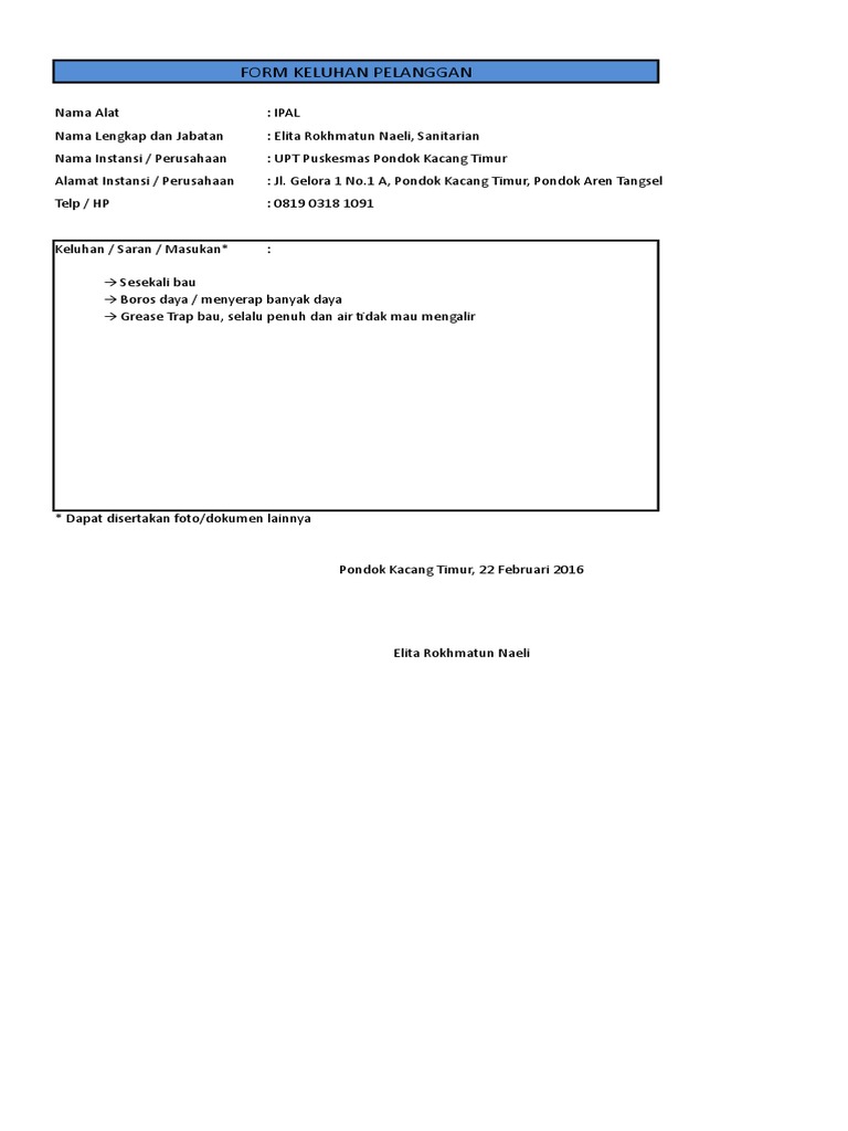 Form Keluhan Pelanggan Ipal | PDF