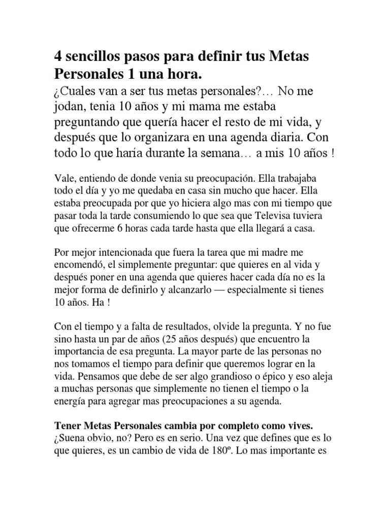 4 Sencillos Pasos para Definir Tus Metas Personales 1 Una Hora | PDF ...
