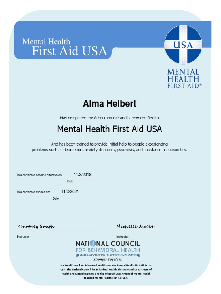 8hr Mhfa Certificate 2018 | PDF