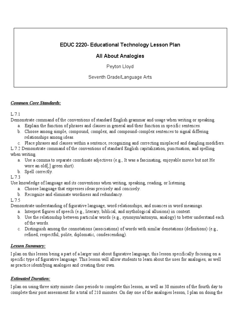 EDUC 2220-Educational Technology Lesson Plan All About Analogies | PDF ...