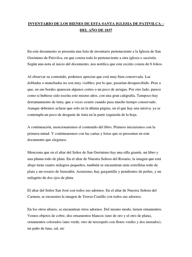 Inventario de Iglesia de Pativilca | PDF