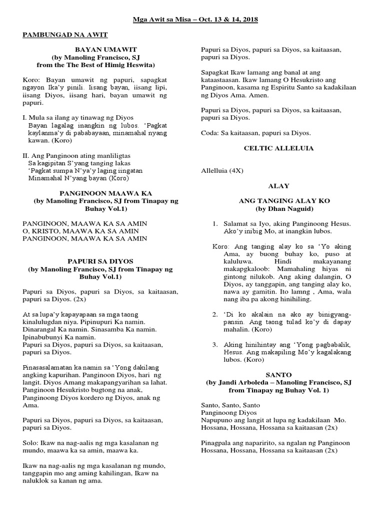 Mga Awit Sa Misa Oct. 13 14 2018 | PDF