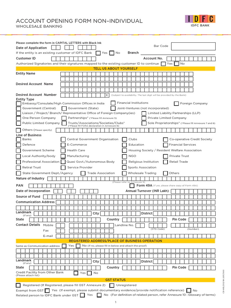 Account Opening Form Non-Individual: Wholesale Banking | Download Free ...