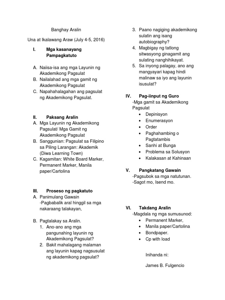 Banghay Aralin Pagsulat Sa Piling Larangan | PDF