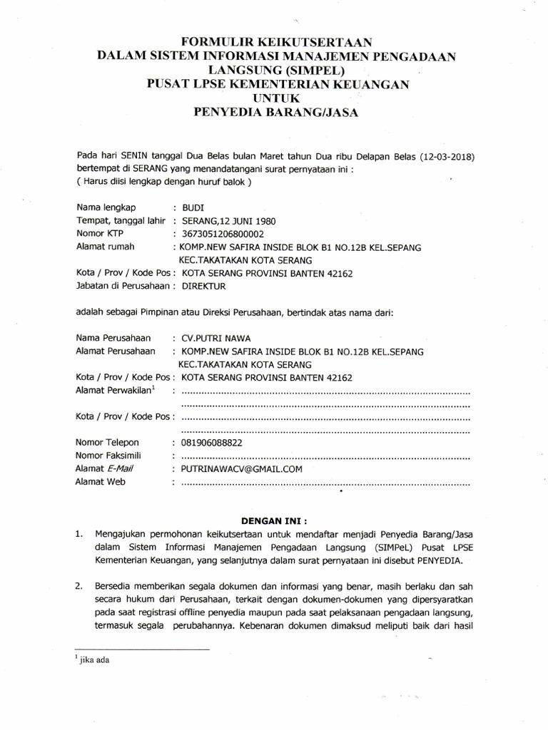 Contoh Formulir SIMPEL | PDF