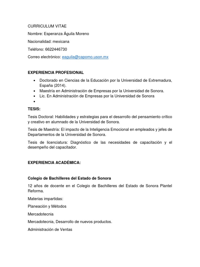 Curriculum Vitae. Dra. Esperanza Aguila Moreno | PDF | Universidad | Sonora