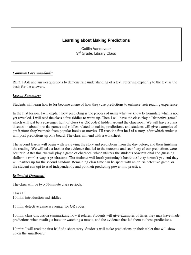 Learning About Making Predictions: Common Core Standards | PDF ...