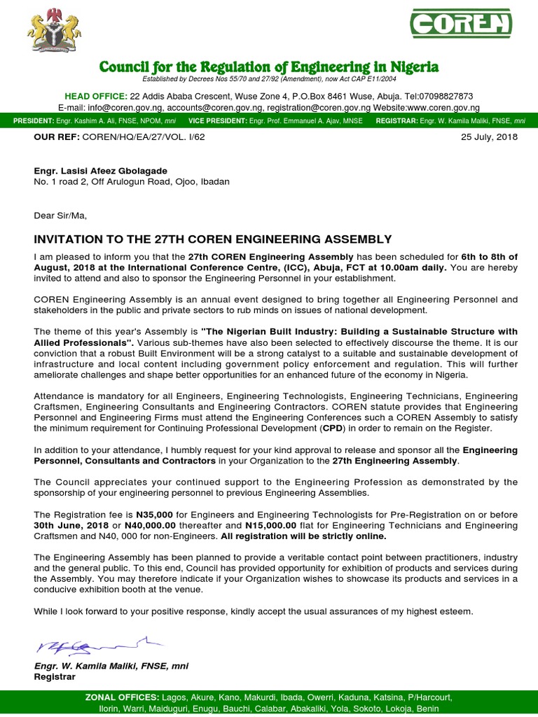 COREN Assembly Invitation Letter PDF | PDF | Engineering | Business
