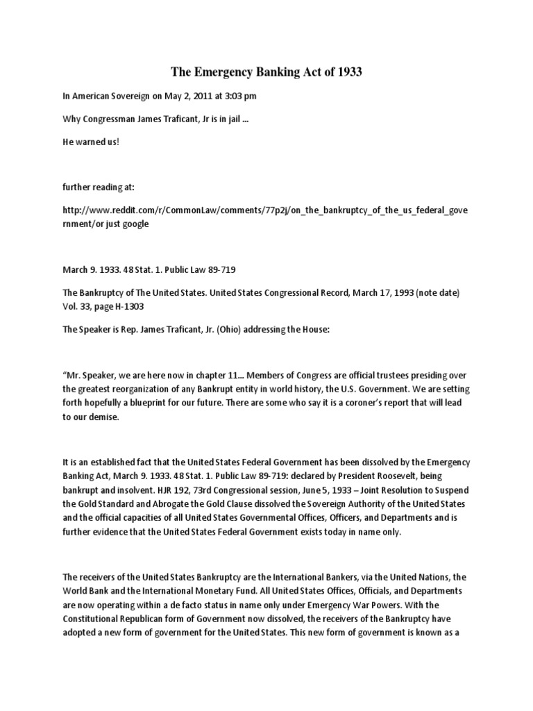The Emergency Banking Act of 1933 | PDF | Federal Reserve System ...
