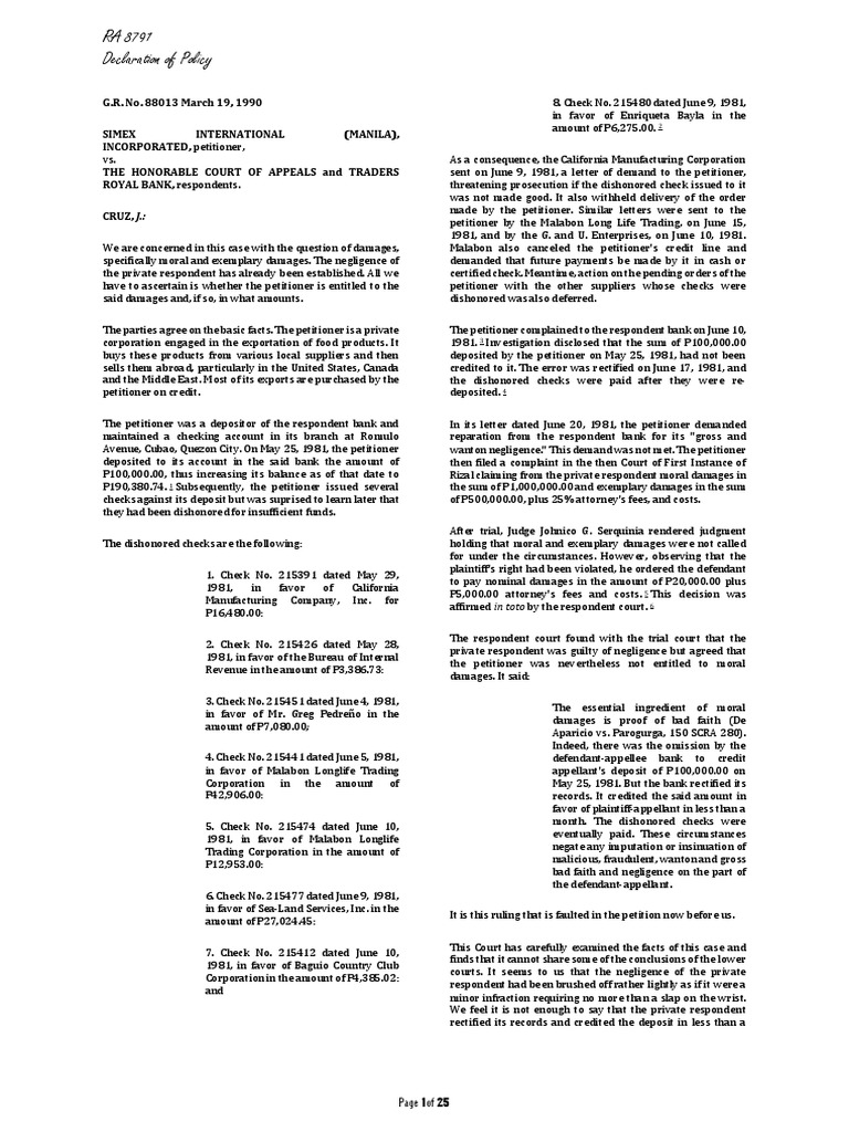 RA 8791 Declaration of Policy | PDF | Damages | Cheque