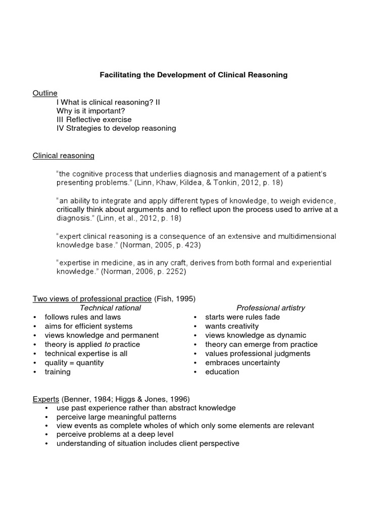 Handout - Facilitating Clinical Reasoning | PDF | Expert | Occupational ...