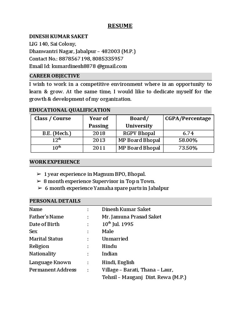 Dinesh Kumar Saket: Resume | PDF