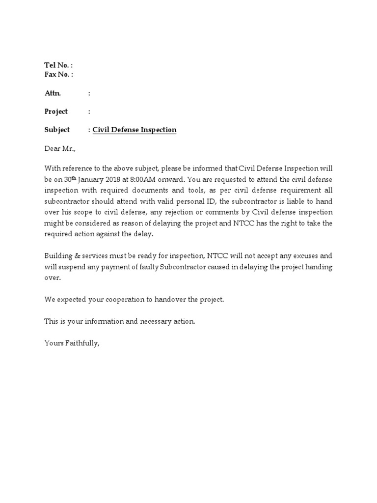 Civil Defense Inspection - Draft Letter | PDF