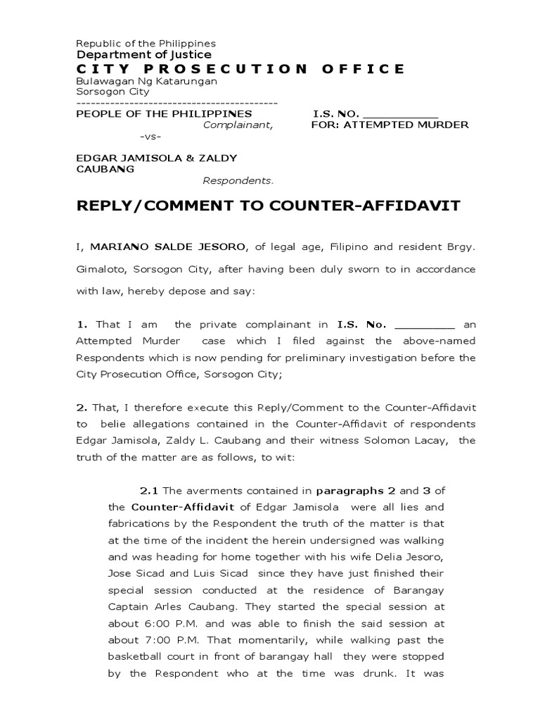 Reply To Counter Affidavit - Zaldy Jesoro | PDF | Probable Cause | Perjury