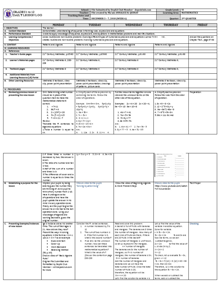 DLL - Mathematics 6 - Q3 - W6 | PDF | Multiplication | Equations