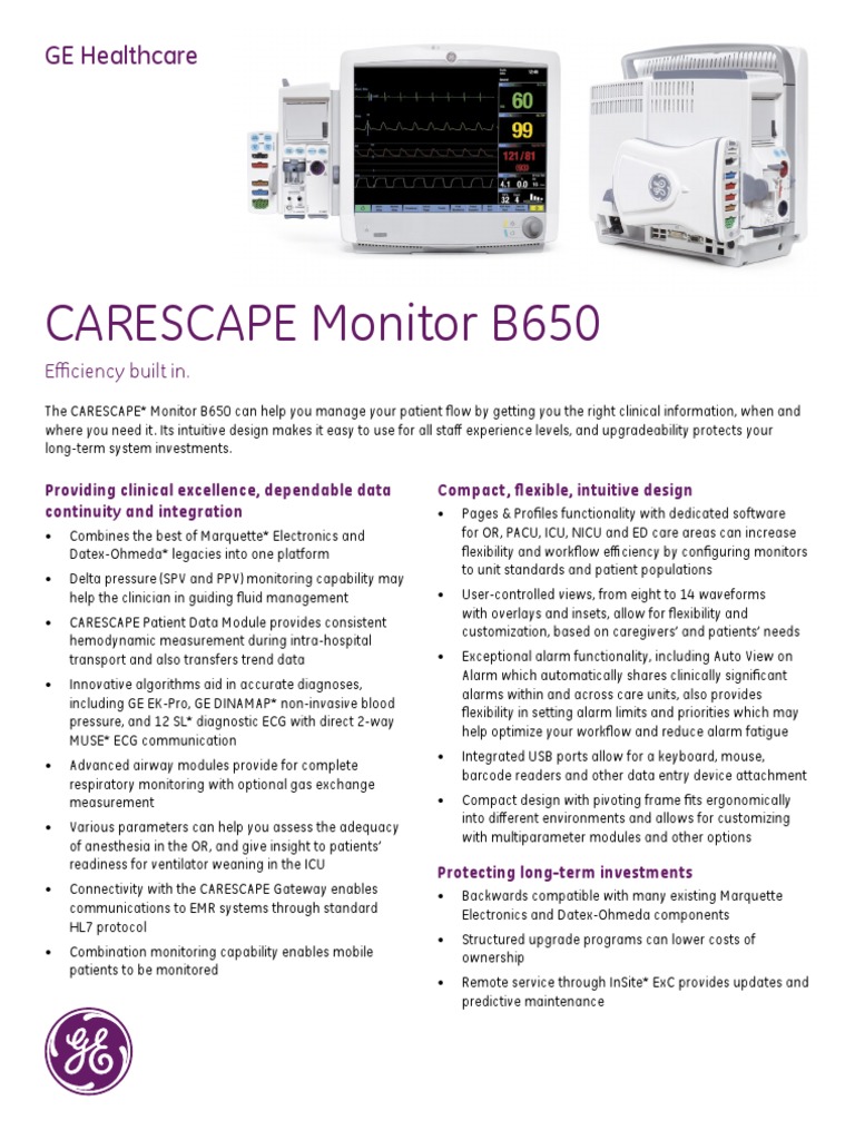 GE Monitor B650 Data Sheet en | PDF | Nitrous Oxide | Usb