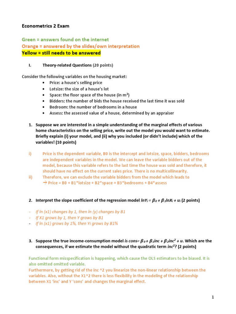 Econometrics 2 Exam Questions & Answers | PDF | Multicollinearity ...