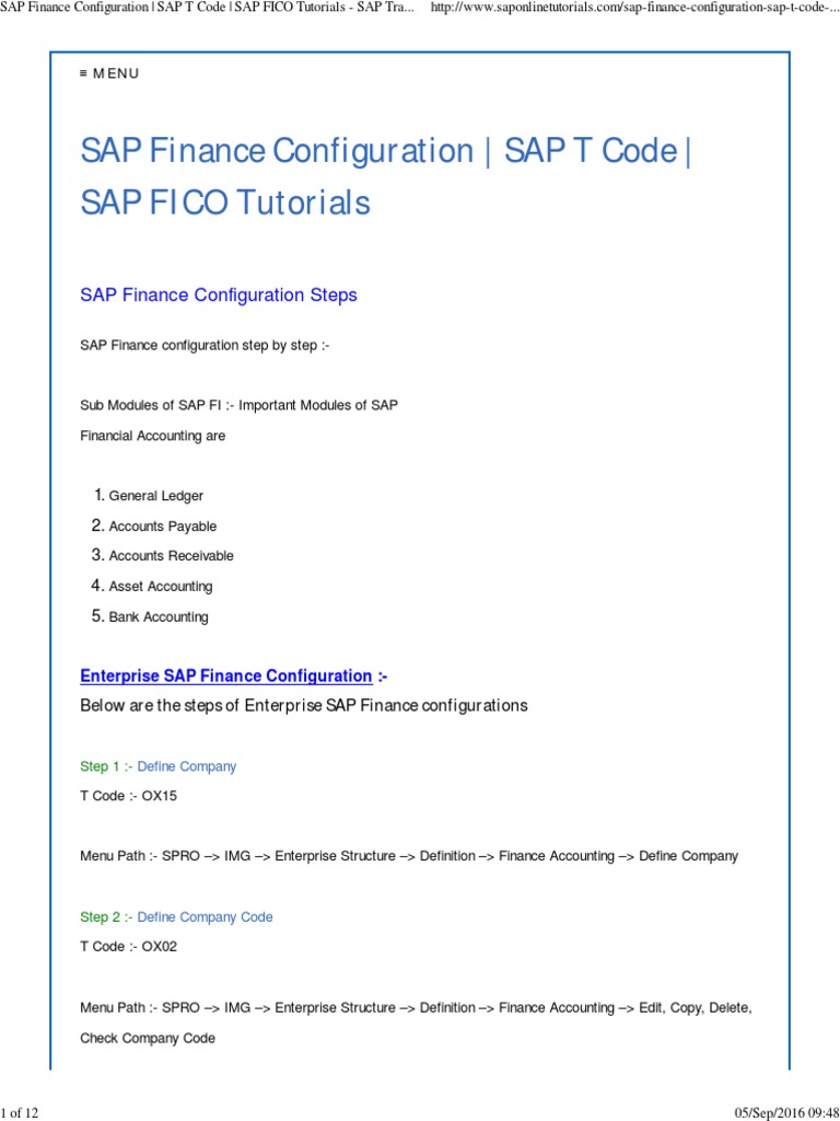 Configuration T Code FICO SAP Finance | PDF | Depreciation | Accounts ...
